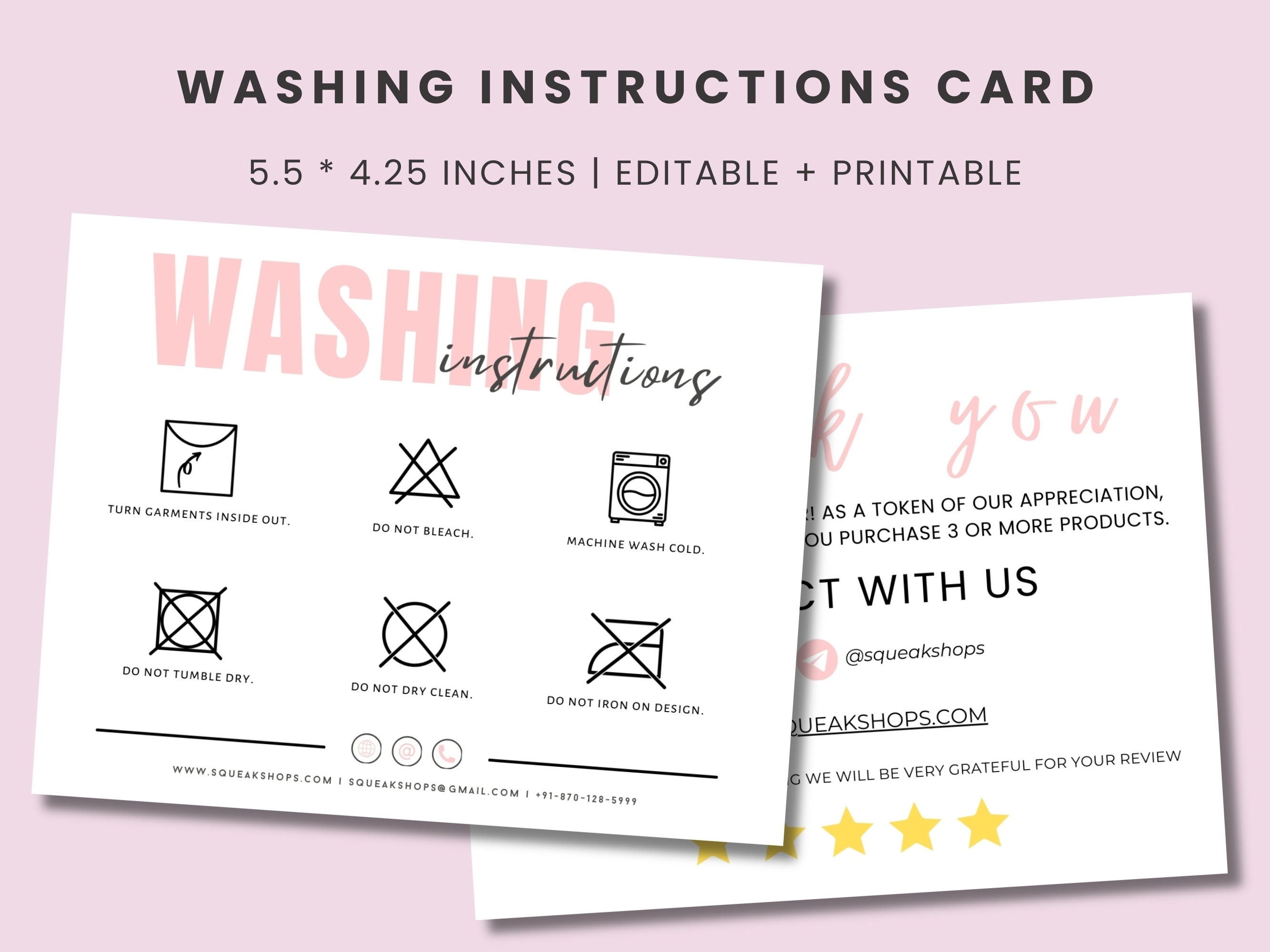 Printable Washing Instructions Card, Shirt Packaging Insert, Care Cards ...