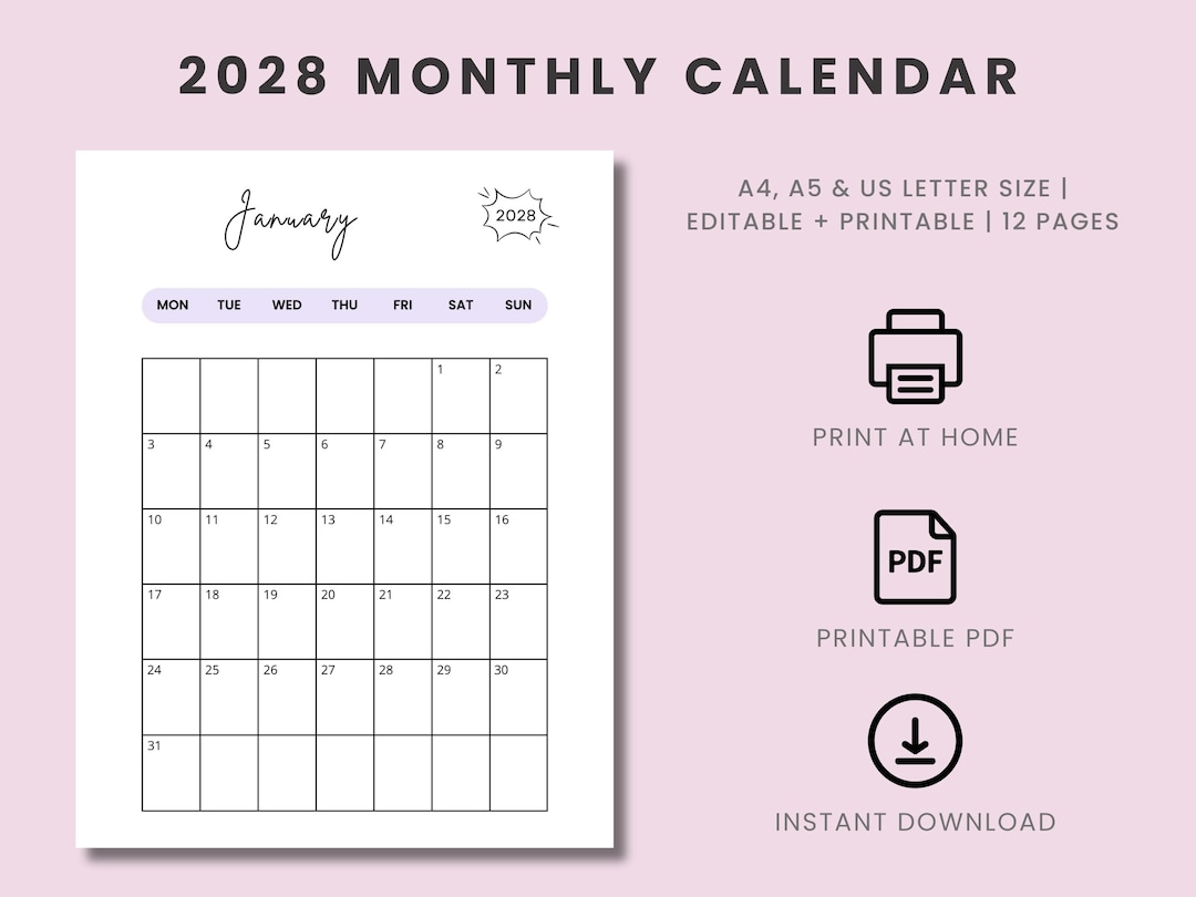 2028 Calendar, 2028 Monthly Calendar Printable, Sunday & Monday Start ...