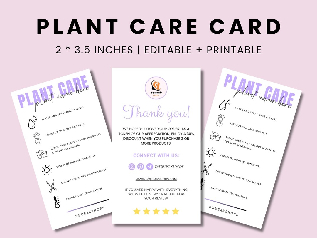 Editable Plant Care Card Template, Plant Care Guide Template, Plant ...