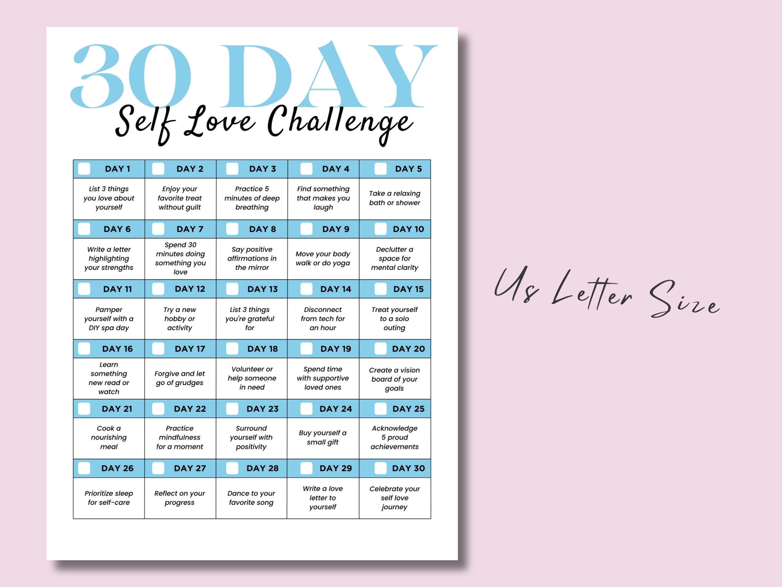 30 Day Self Love Challenge, Printable Self Love Challenge, 30 Days of ...