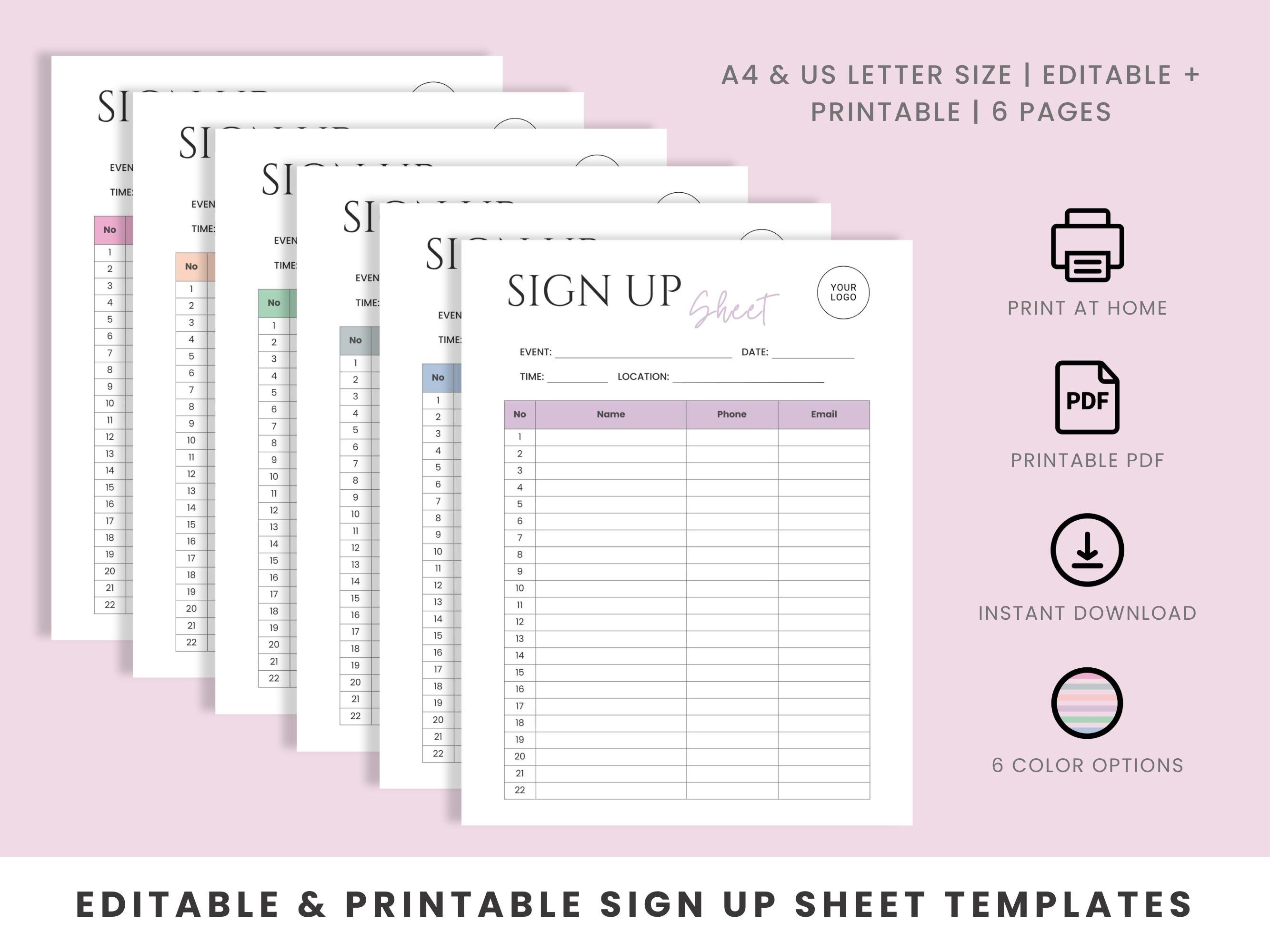 Editable Sign up Sheet Template, Sign up Template, Printable Sign up ...