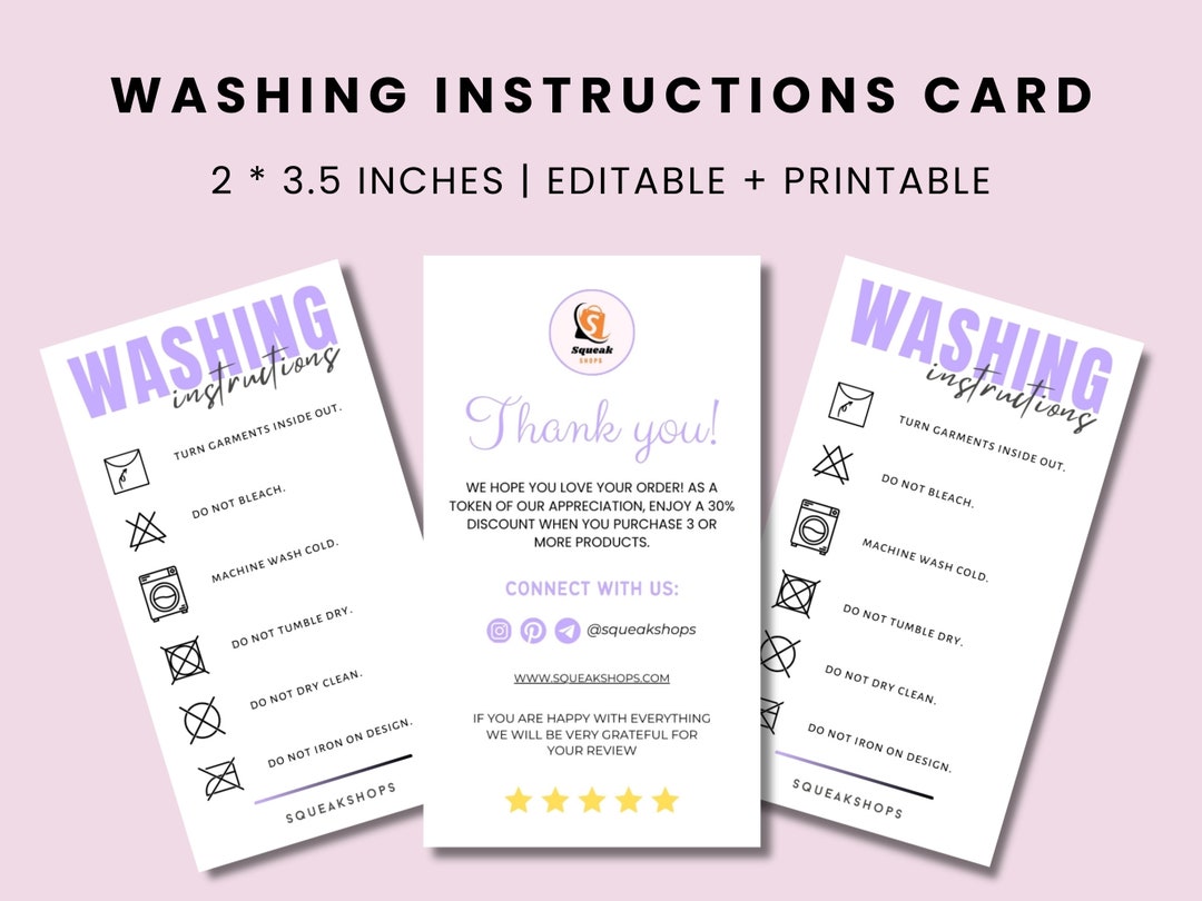 Washing Instructions Card, Shirt Care Cards, Clothing Care Instructions ...