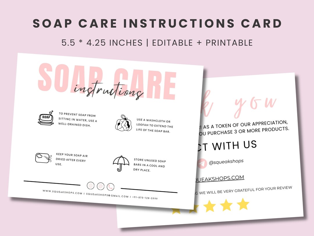 Editable Soap Care Card Template, Printable Soap Care Instructions ...