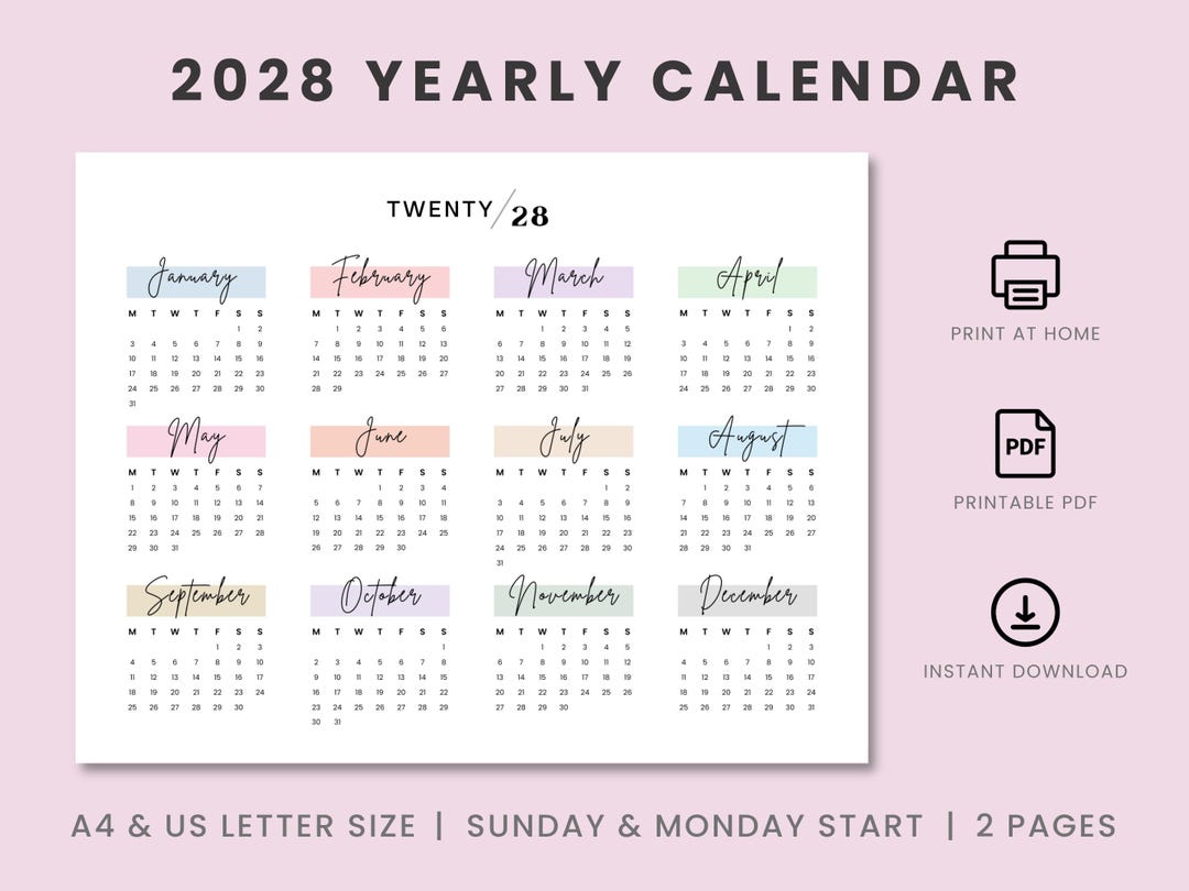 2028 Landscape Yearly Calendar, Printable 2028 Calendar, Sunday & Monday Start, Printable ...