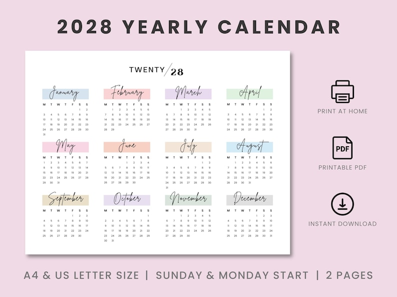 2028 Yearly Calendar: Landscape Printable (A4, A5, Letter Size) - Etsy UK