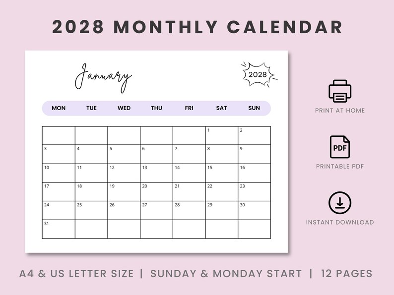 2028 Landscape Monthly Calendar Printable, Sunday & Monday Start ...