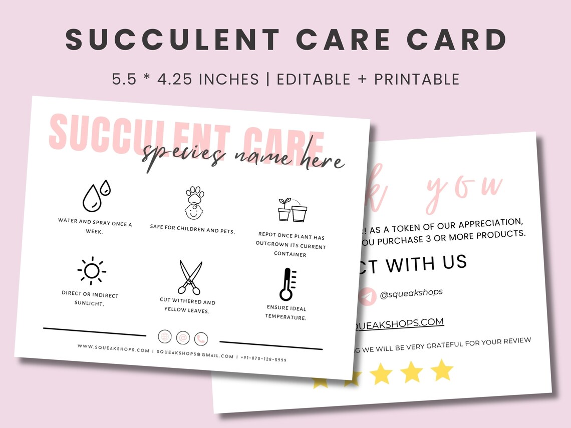 Succulent Care Card Guide Template, Succulent Care Instructions Card ...