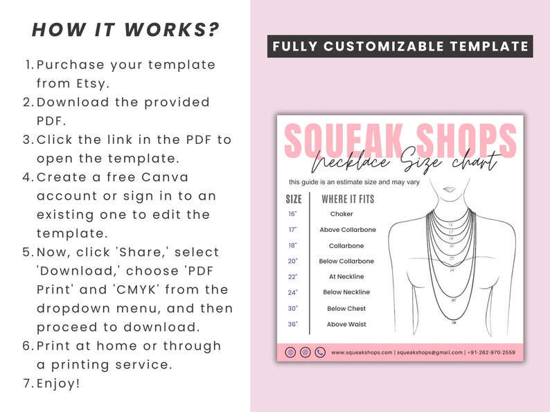 Editable Necklace Size Chart Template, Printable Necklace Size Guide ...