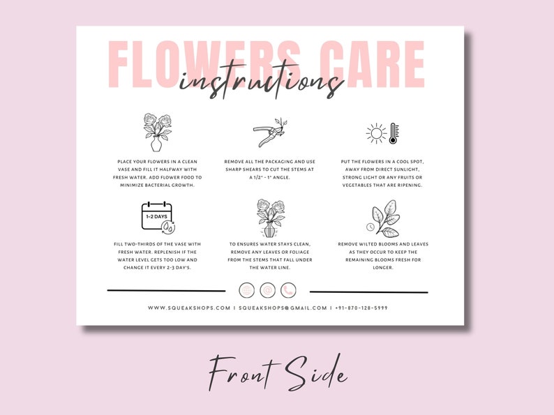 Flowers Care Card Template, Editable Flowers Care Guide, Fresh Flowers ...