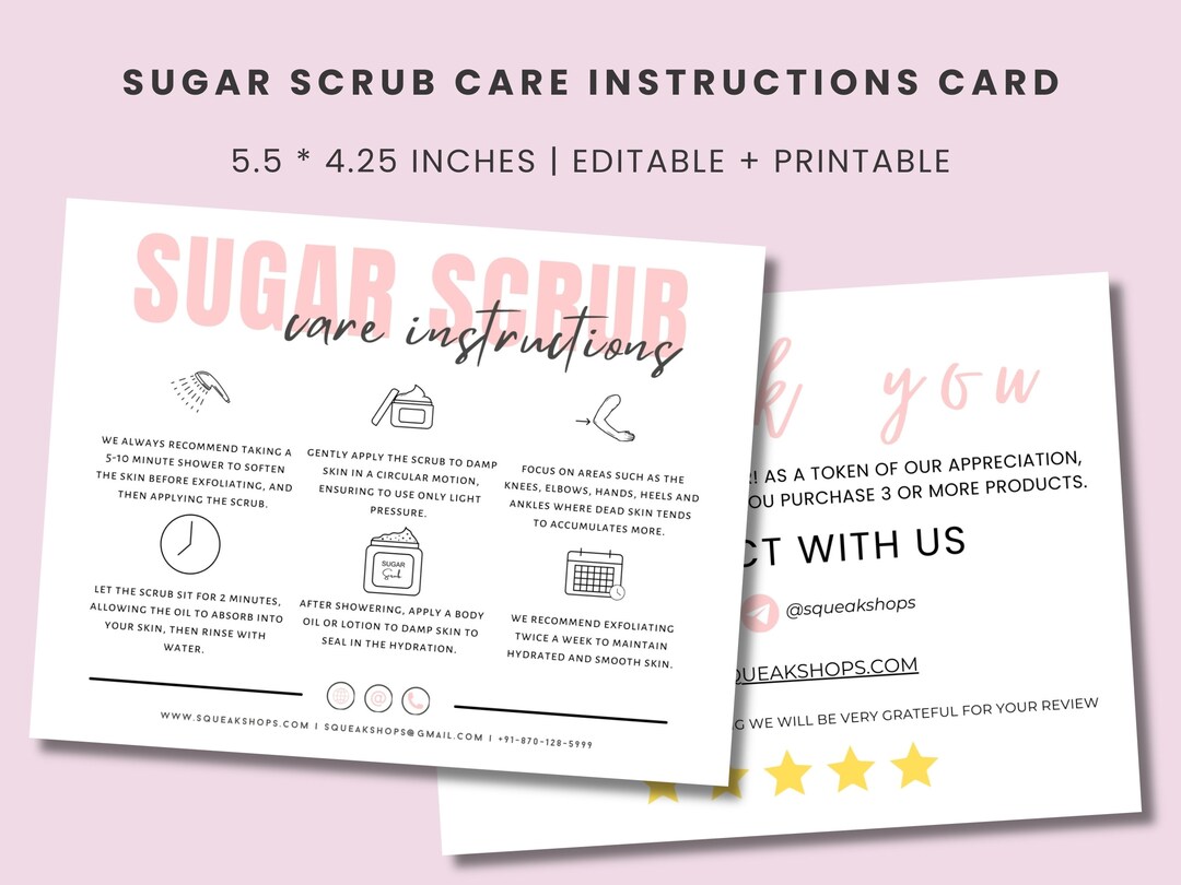 Sugar Scrub Care Card Template, Body Scrub Care Instructions Card ...