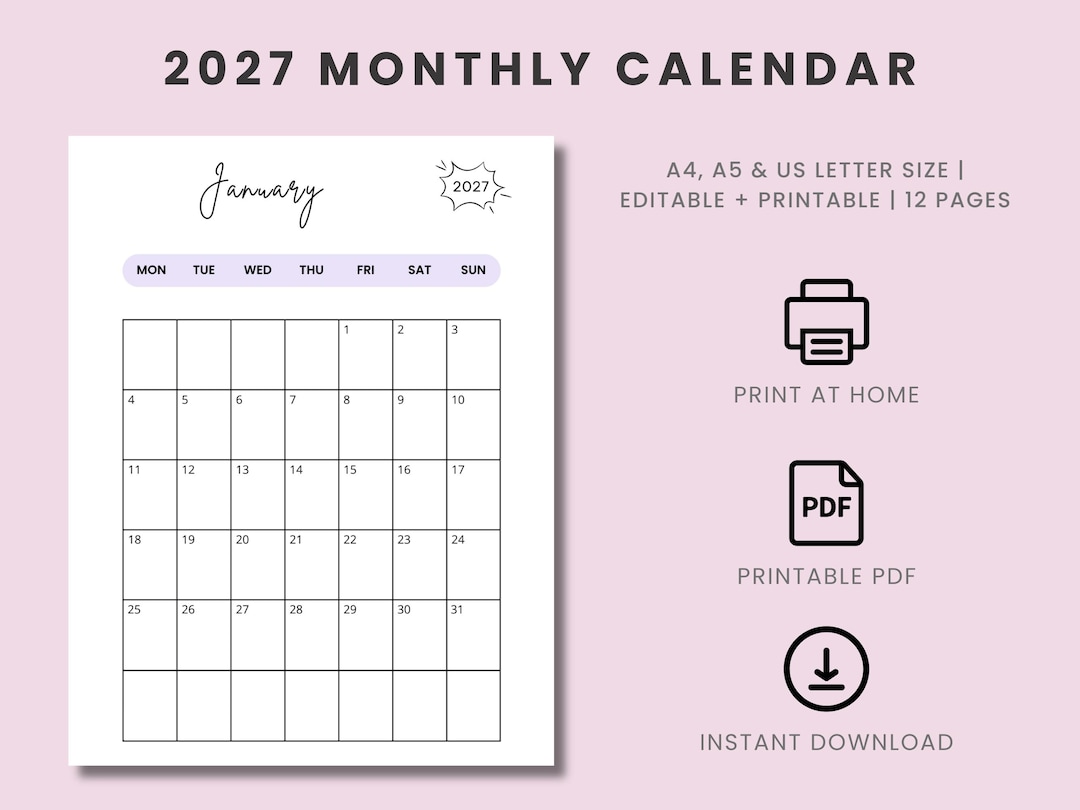 2027 Monthly Calendar Printable: Minimalist Design (A4, A5, Letter Size ...