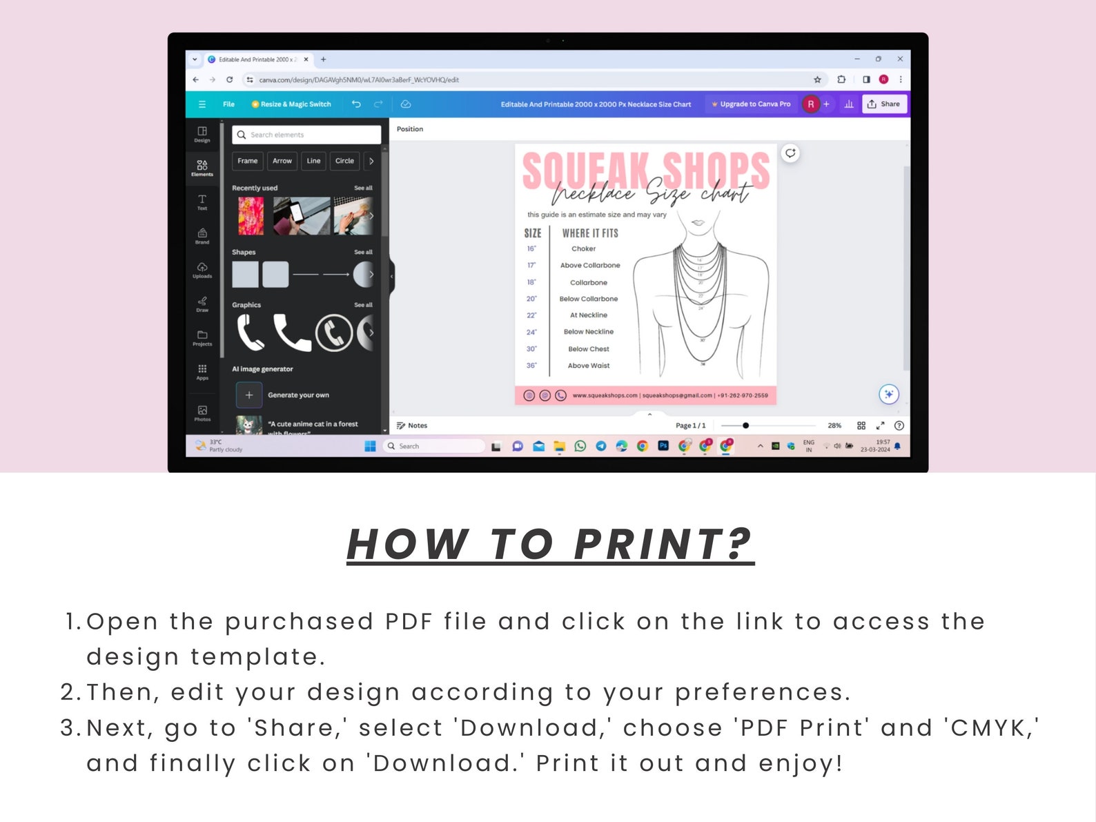 Editable Necklace Size Chart Template: Printable Jewelry Guide (canva ...