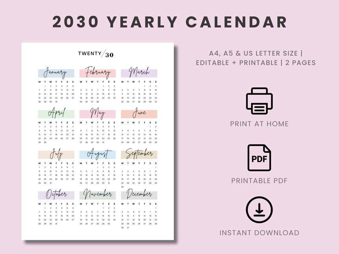 2030 Yearly Calendar Printable: A4 A5 Letter Size (digital Download) - Etsy