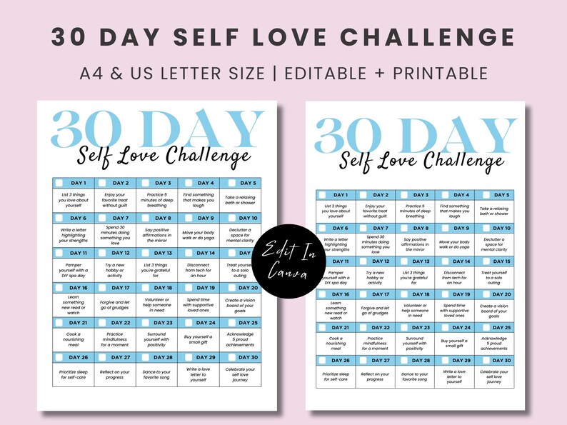 30 Day Self Love Challenge, Printable Self Love Challenge, 30 Days of ...
