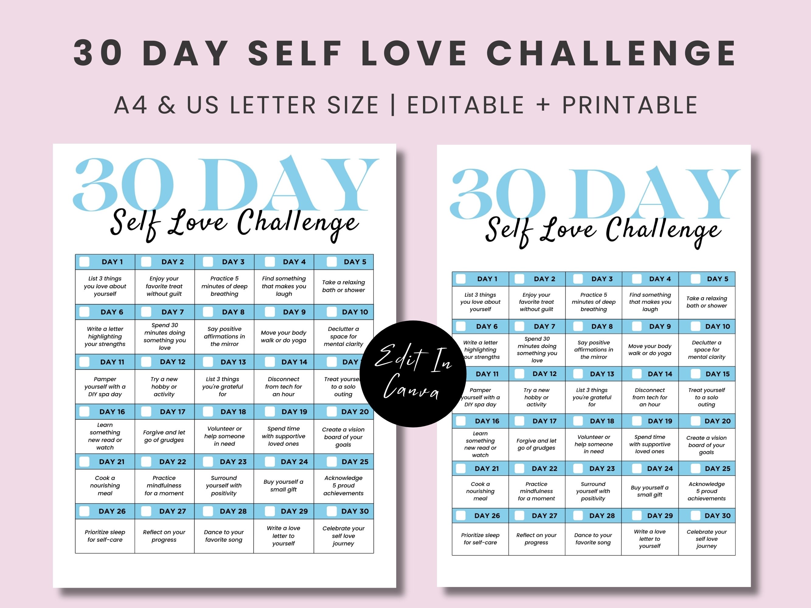 30 Day Self Love Challenge, Printable Self Love Challenge, 30 Days of ...