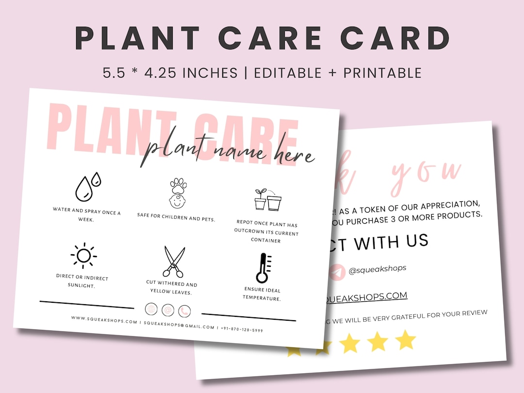 Plant Care Card Template, Editable Plant Care Guide, Plant Care Guide ...