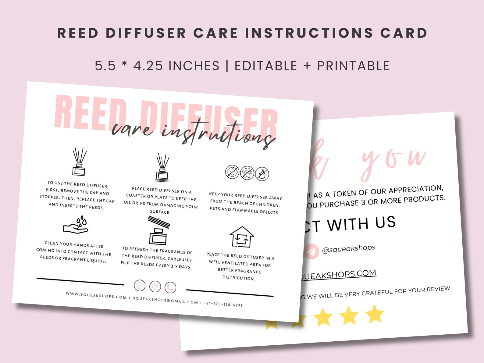 Reed Diffuser Care Instructions Template, Printable Room Diffuser Guide ...