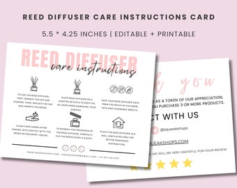 Reed Diffuser Care Card Template Editable Reed Diffuser Care ...