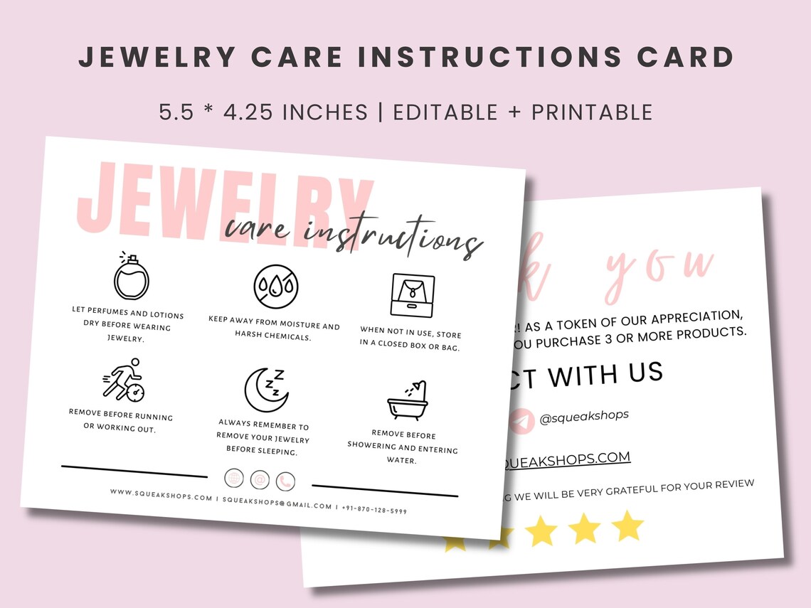 Editable Jewelry Care Card Template: Printable Instructions (canva) - Etsy