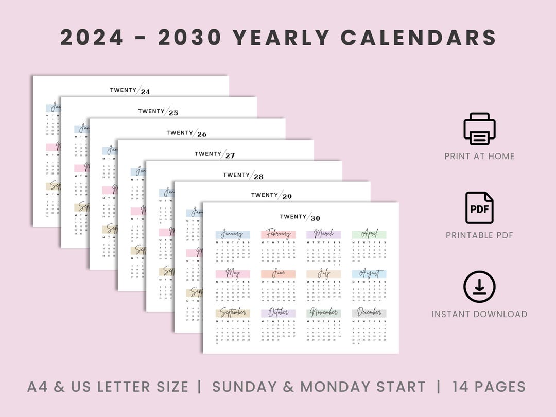2024-2030 Yearly Landscape Calendars Printable, Minimalist Calendar ...
