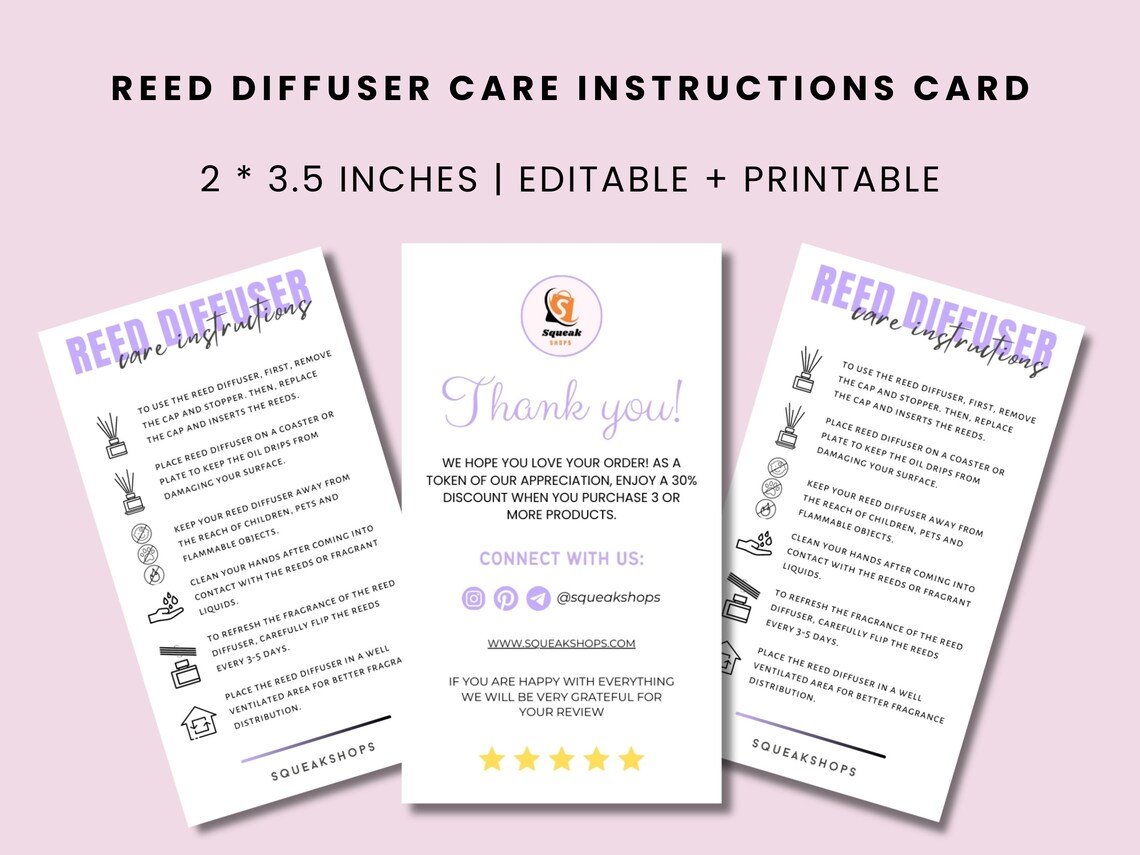 Editable Reed Diffuser Care Card Template, Reed Diffuser Care ...