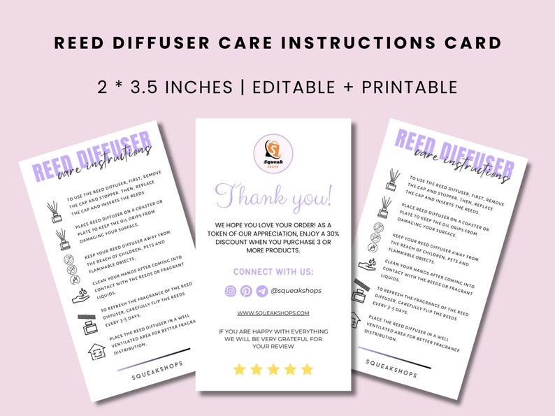 Editable Reed Diffuser Care Card Template, Reed Diffuser Care ...