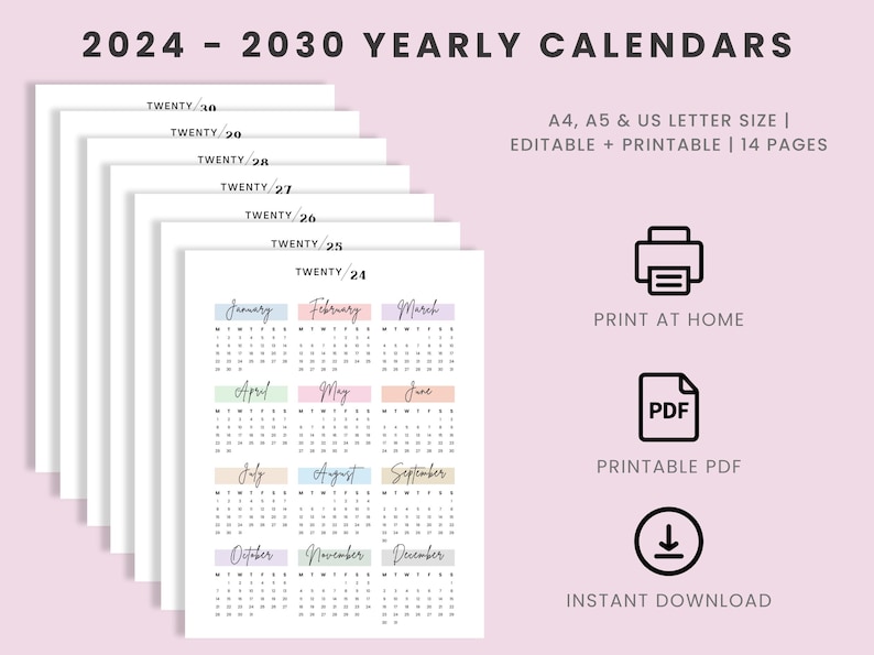 2024 - 2030 Yearly Calendars Printable, Minimalist Calendar, Sunday ...
