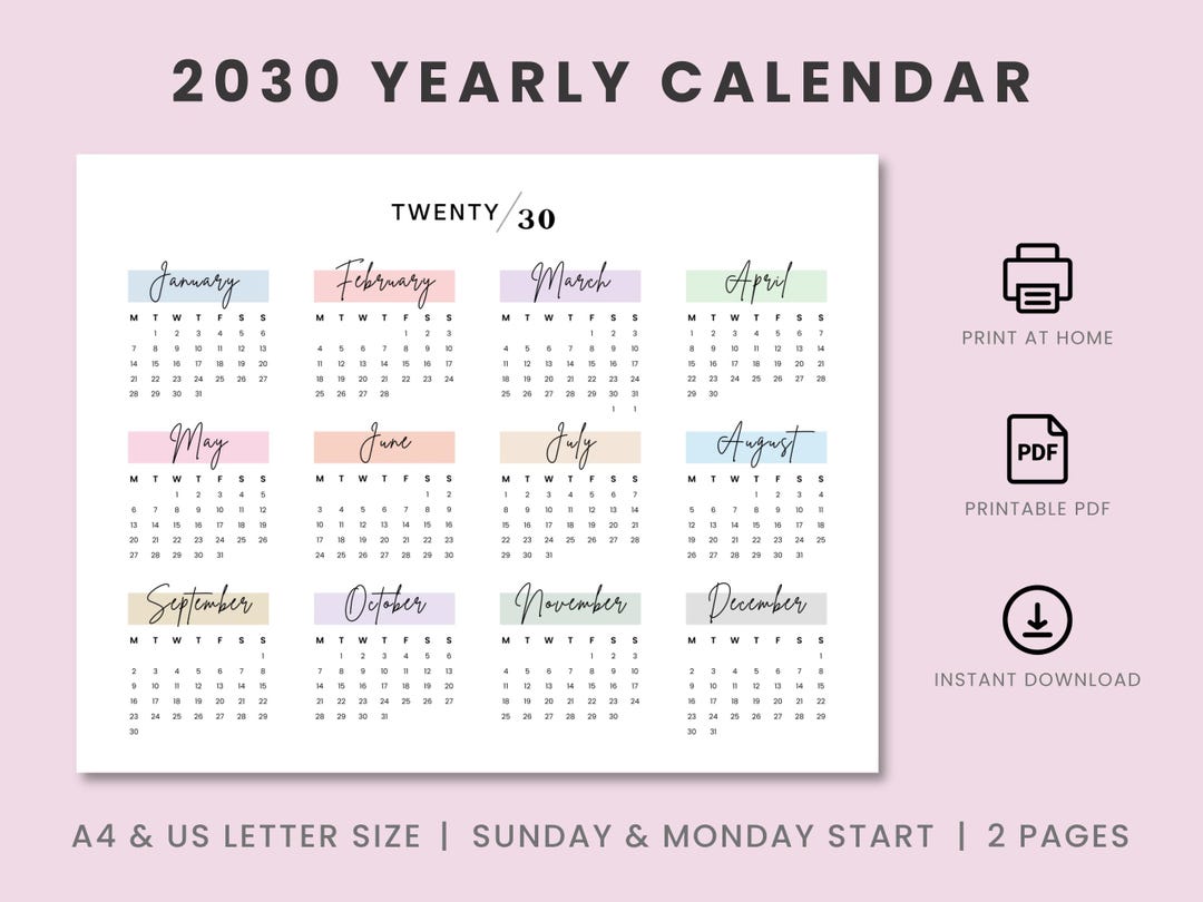 2030 Landscape Yearly Calendar, Printable 2030 Calendar, Sunday ...