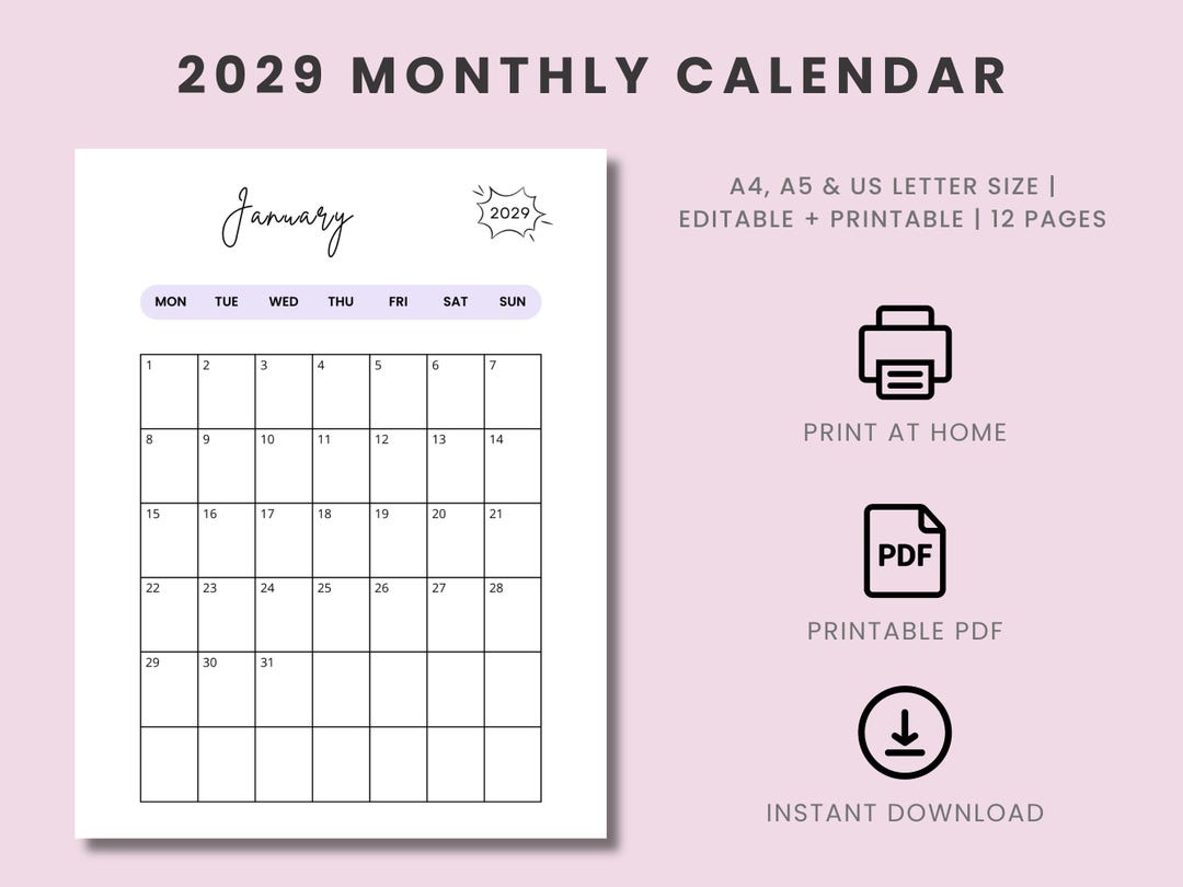 2029 Calendar, 2029 Monthly Calendar Printable, Sunday & Monday Start ...