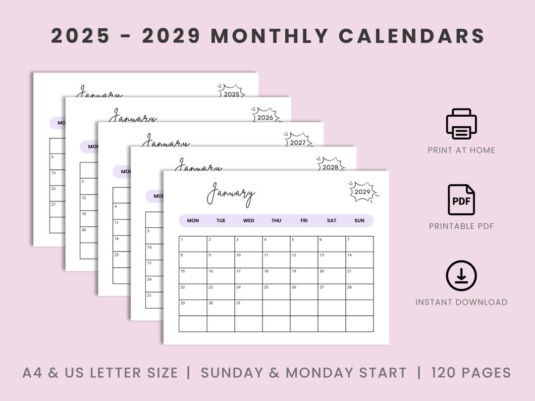 2025-2029 Monthly Landscape Calendars Printable, Minimalist Calendar ...