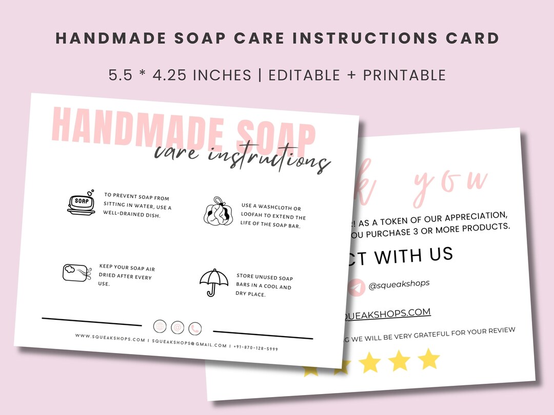 Editable Handmade Soap Care Card Template, Handmade Soap Care ...