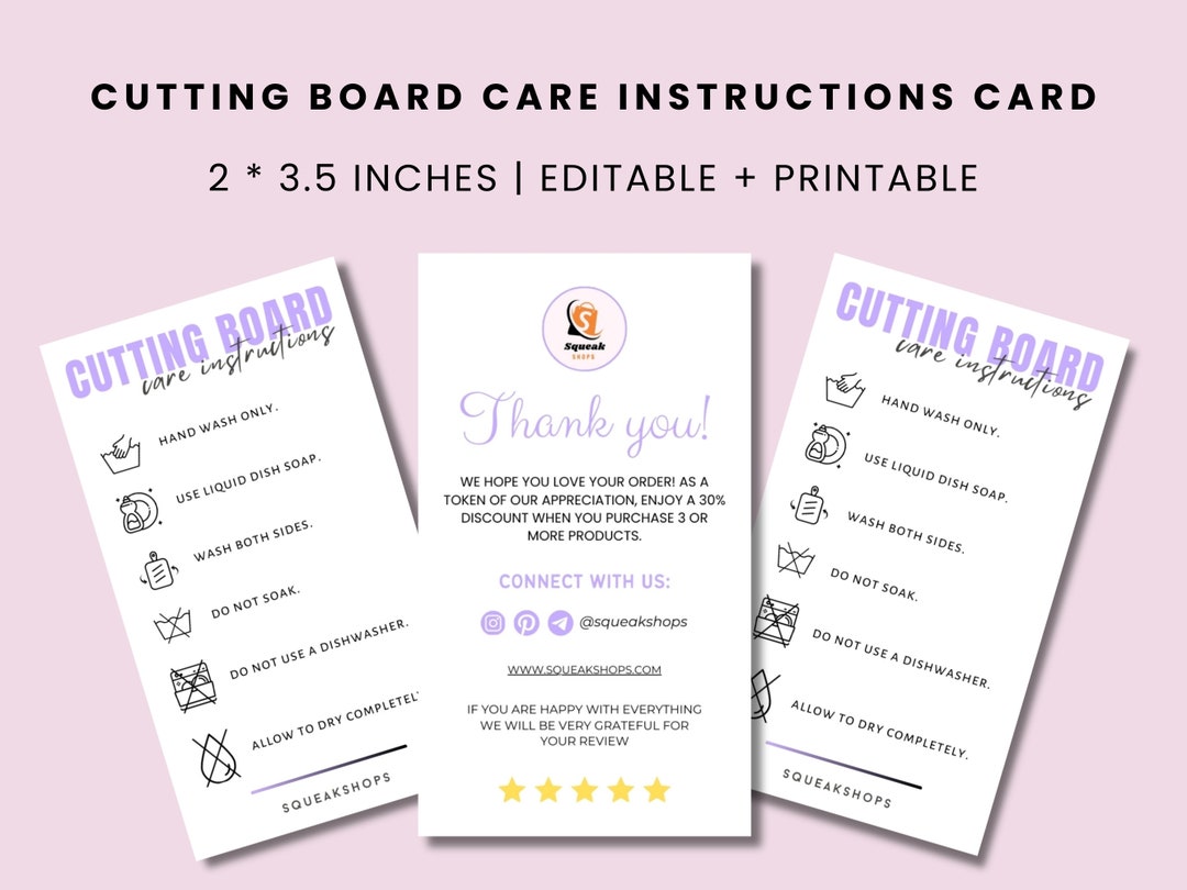 Cutting Board Care Instructions Card, Printable Cutting Board Care Card ...