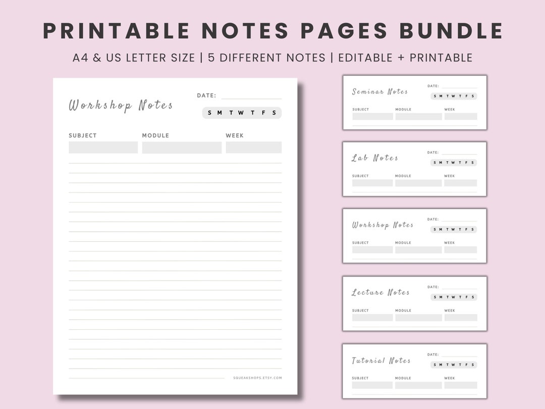 Printable Lined Notes Pages Bundle: Seminar, Lab, Workshop (editable ...