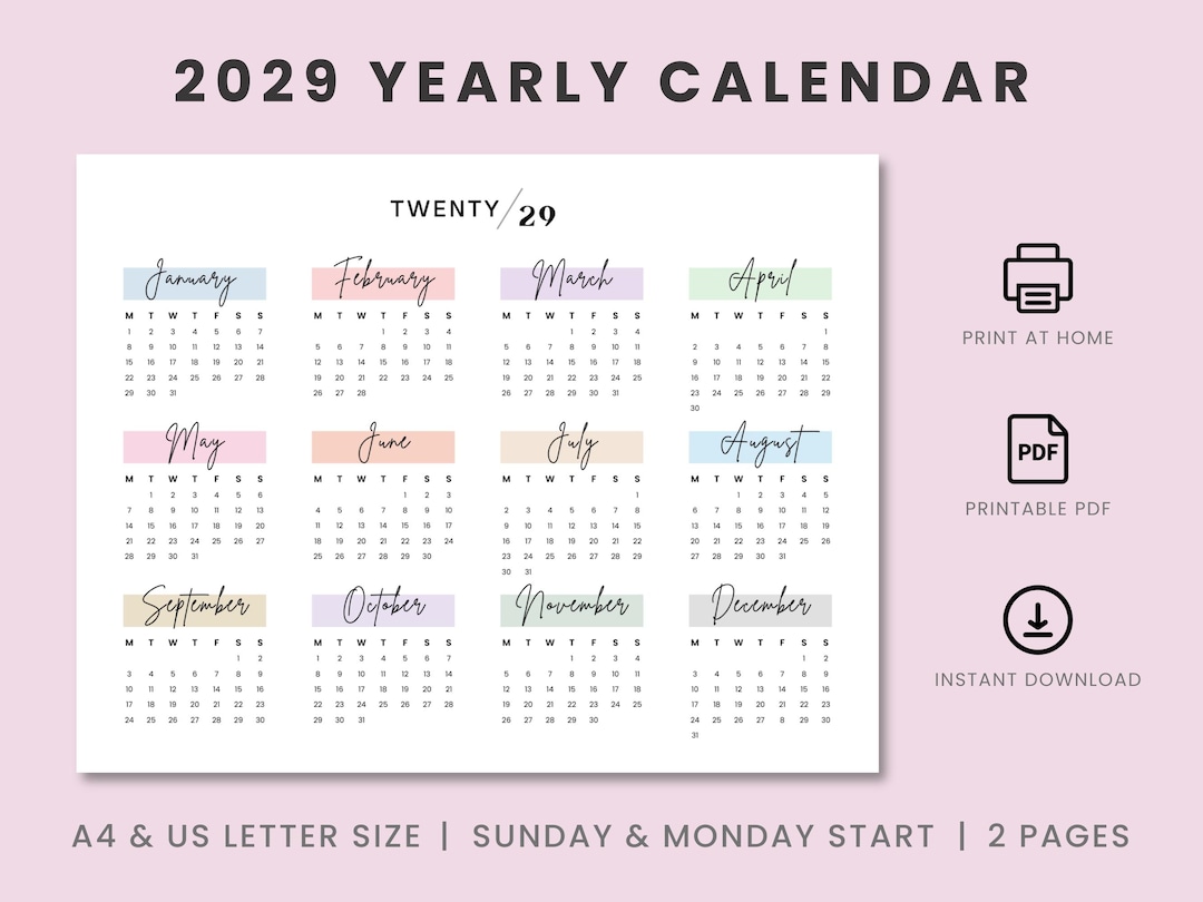 2029 Landscape Yearly Calendar, Printable 2029 Calendar, Sunday ...