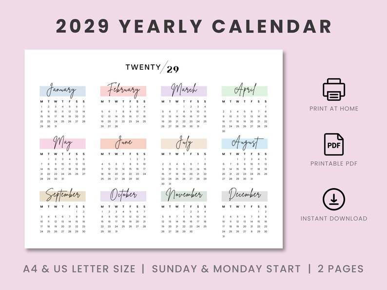 2029 Landscape Yearly Calendar, Printable 2029 Calendar, Sunday ...
