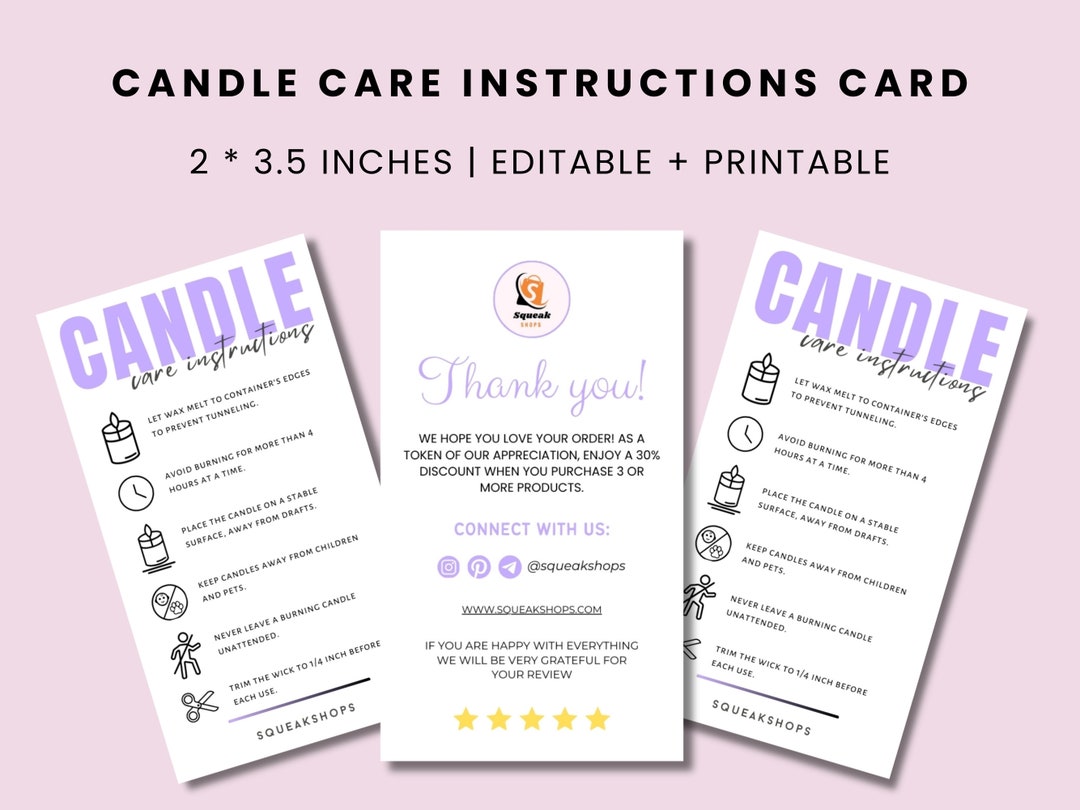 Candle Care Card Template, Candle Care Instructions, Candle Care Cards ...