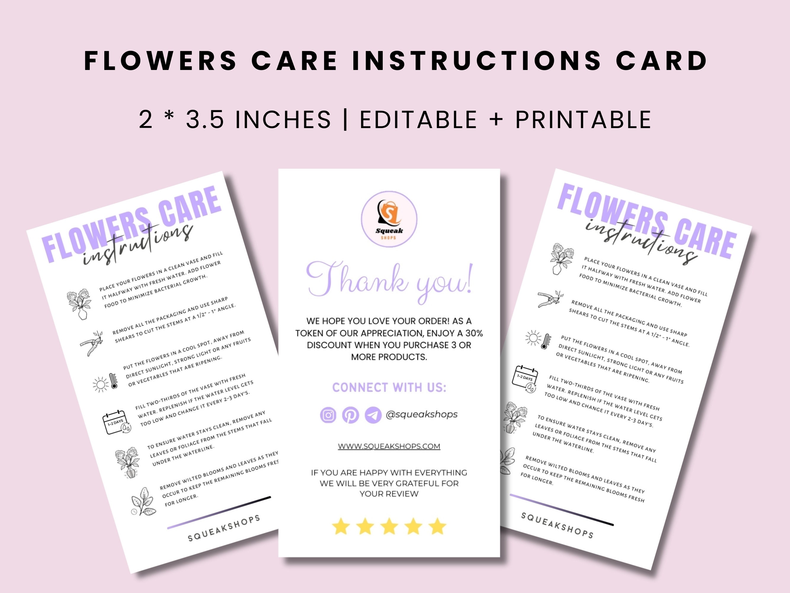 Editable Flowers Care Card Template: Minimalist Design (2x3.5 Inches ...
