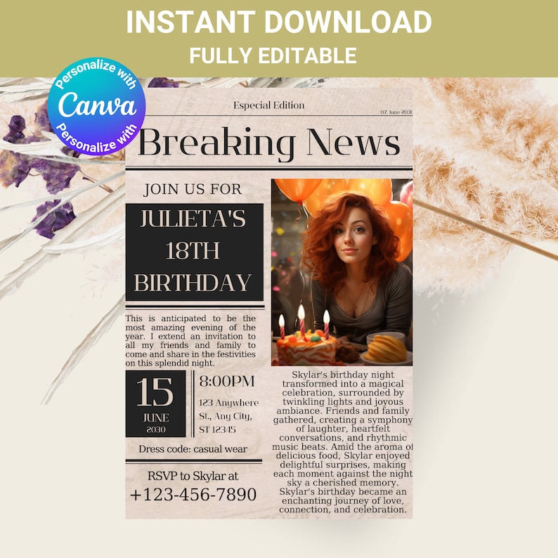 Newspaper Birthday Party Invitation Template Editable - Etsy