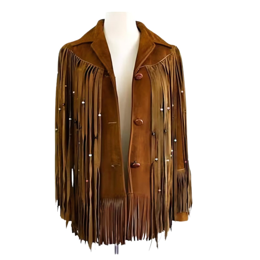 Suede Leather Long Fringes Beaded Jacket, Western Suede Leather Fringes ...