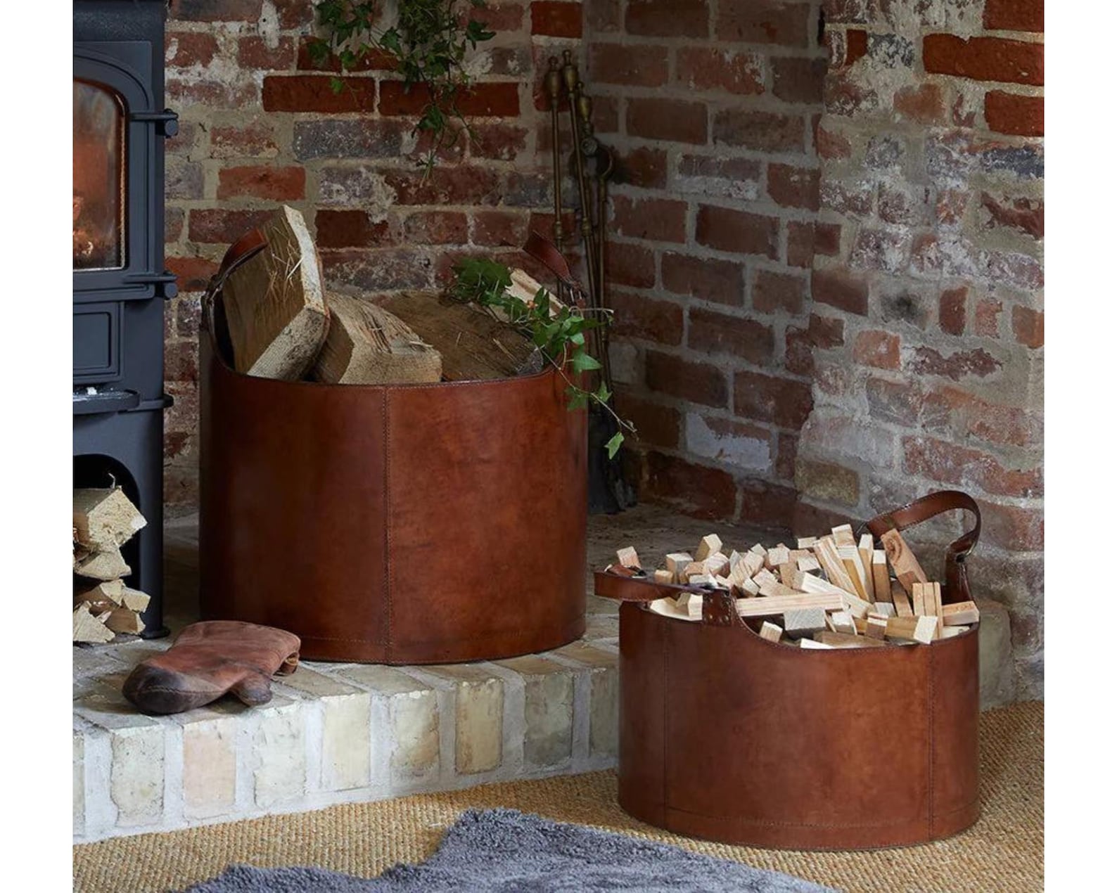 Round Leather Storage Basket, Firewood Leather Basket for Fireplace ...