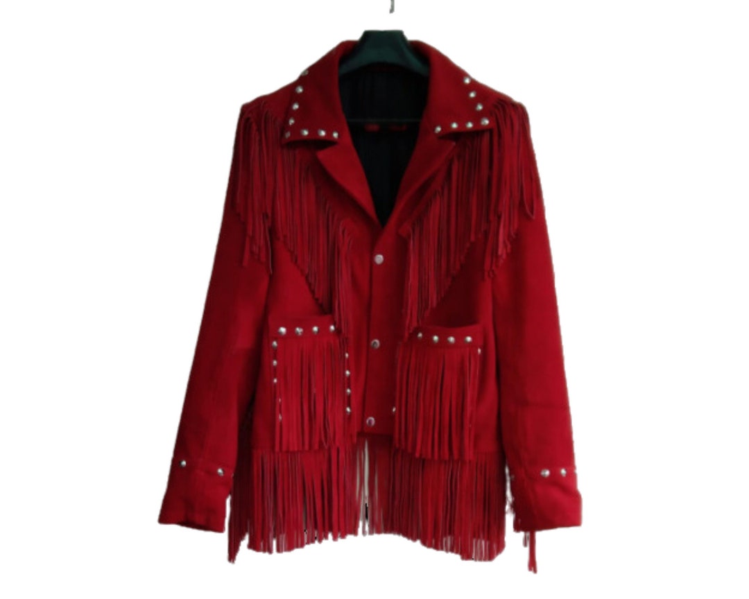 Women Red Western Style Suede Leather Coat, Studded Cowhide Fringes ...