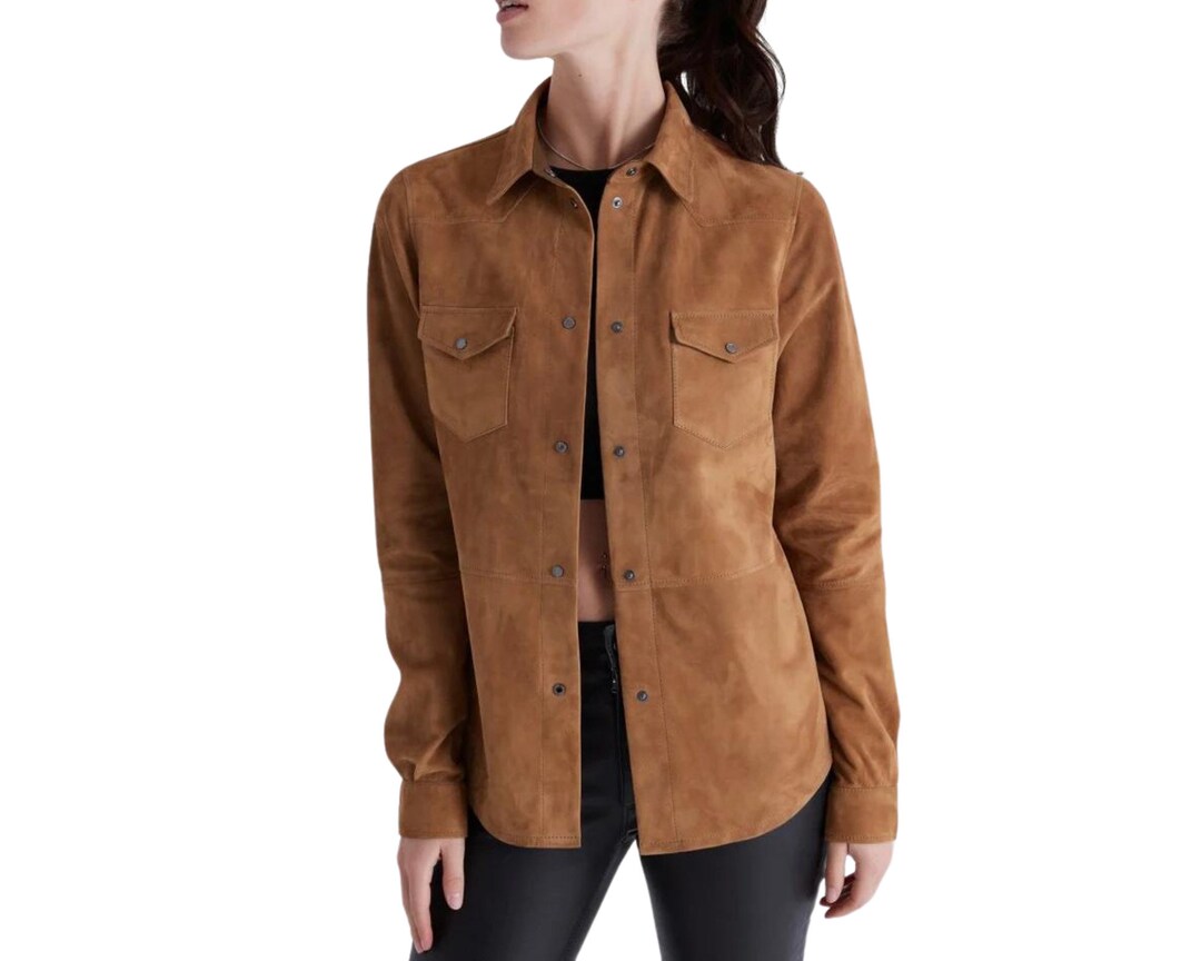 Handmade Formal Suede Leather Shirt, Women's Classic Western Style Slim ...