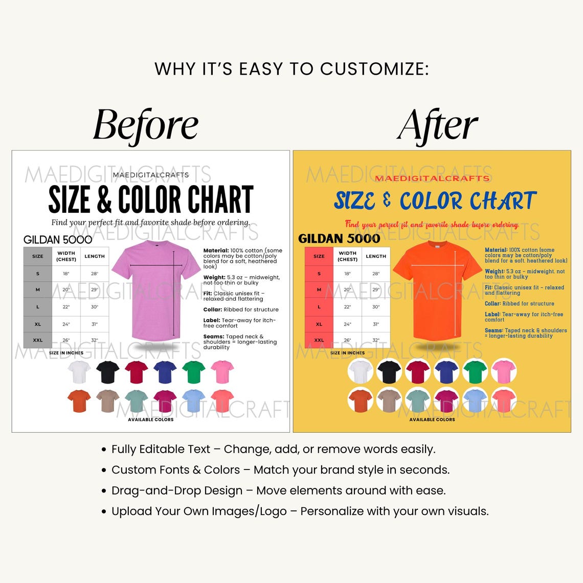 Gildan 5000 Color Chart & Size Chart, Canva Template, Color Chart ...