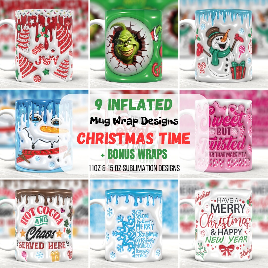 3D Inflated Christmas Mug Wrap Design Bundle, 11oz and 15oz Coffee Cup ...