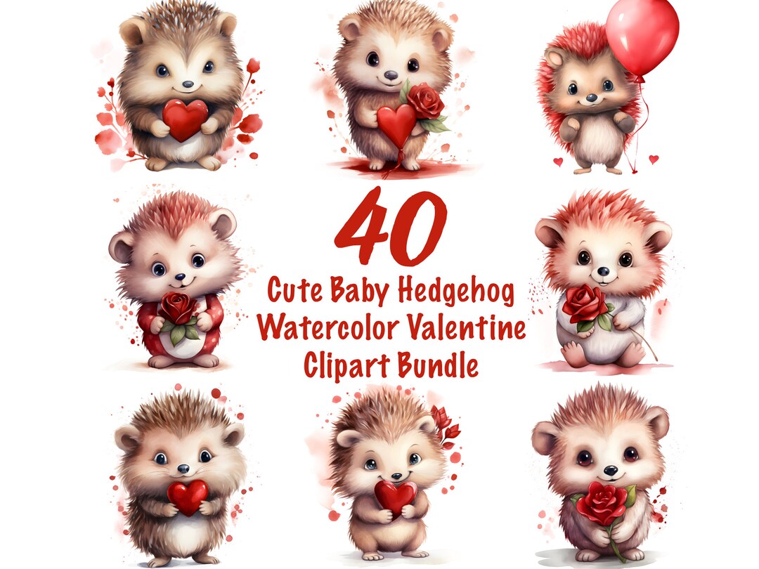 Lovely Baby Hedgehog Watercolor Clipart Bundle, Cute Valentines ...