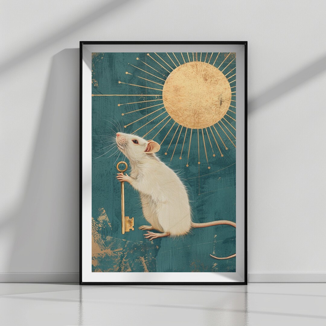 Minimalist Mid Century Modern Rat Print - Abstract White Rat With Key ...