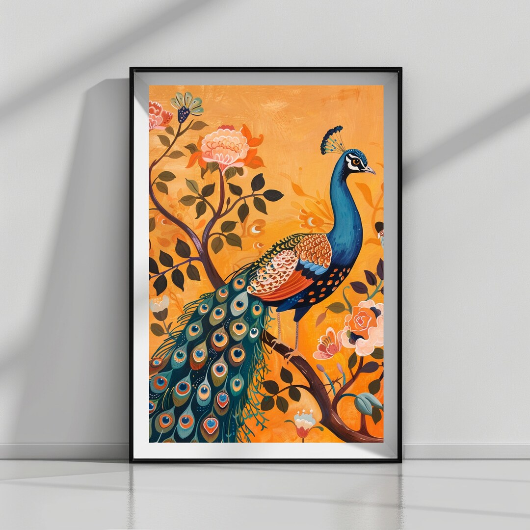 Mid Century Modern Peacock Print Minimalist Floral Abstract Art Digital ...