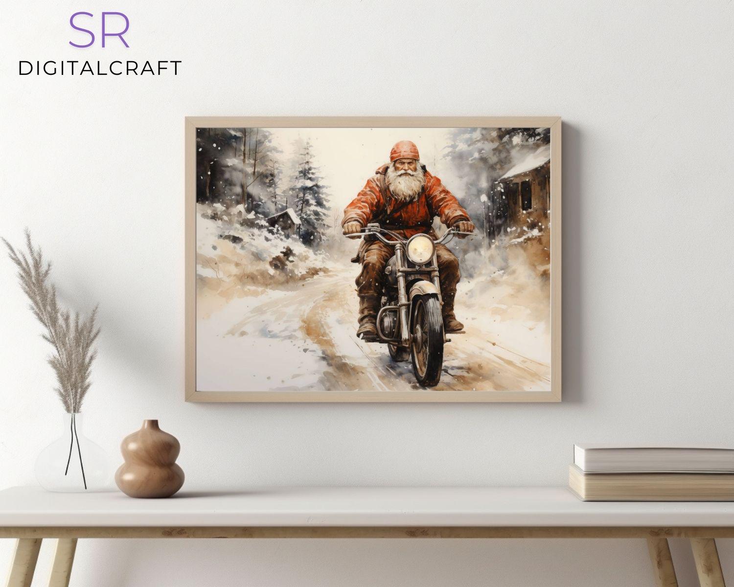 Santa Claus Riding a Motorcycle Fun Christmas Digital Art Print for ...