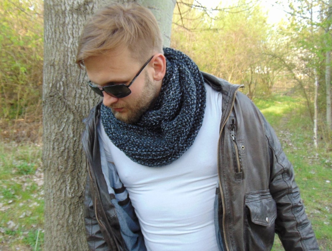 Black Melange Mens Cowl Hand Knitted Men's Scarf Winter Shawl Shaded ...