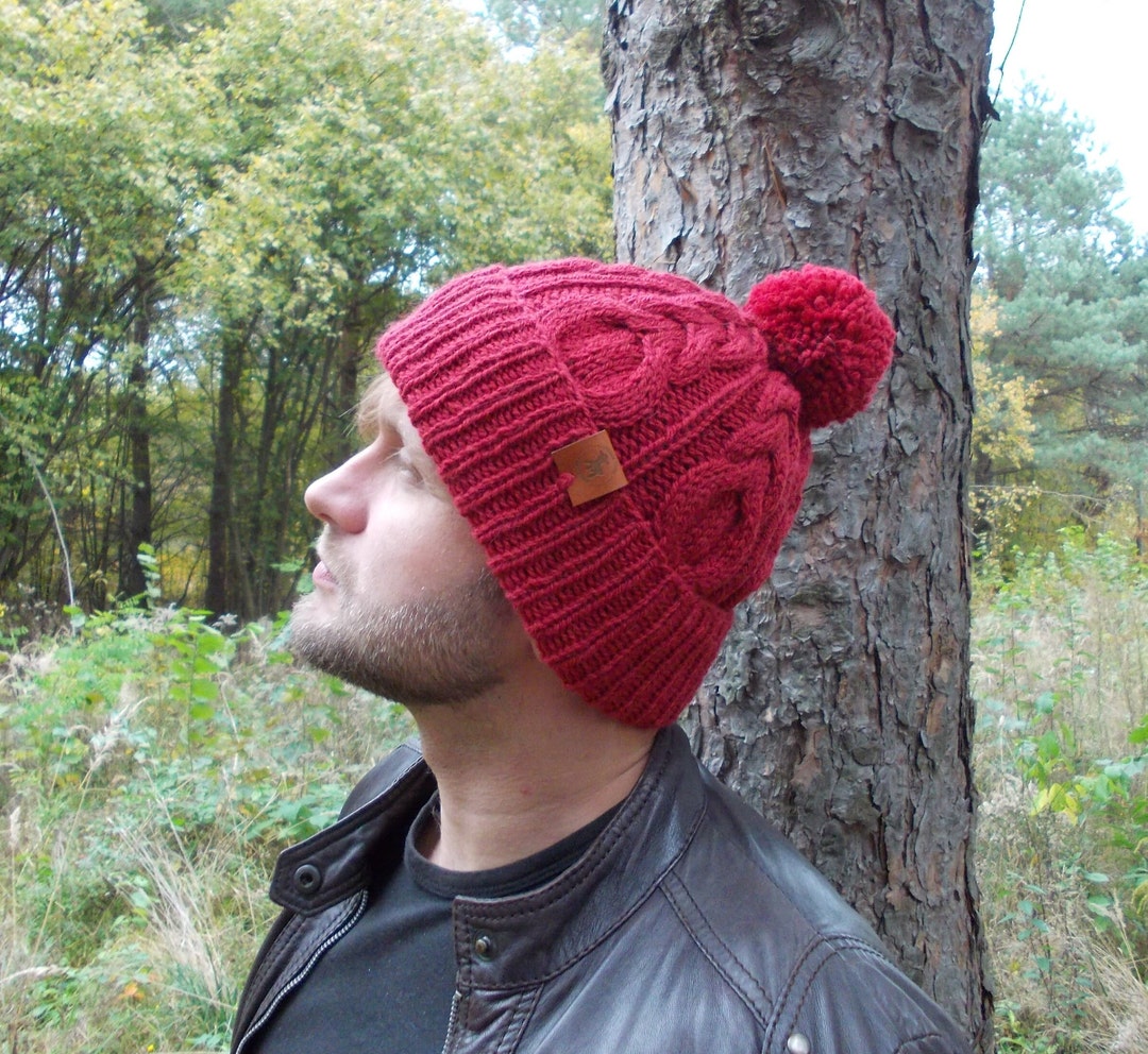 Red Pompom Alpaca Wool Mens Hat Cable Rib Cap Hand Made Winter Beanie ...